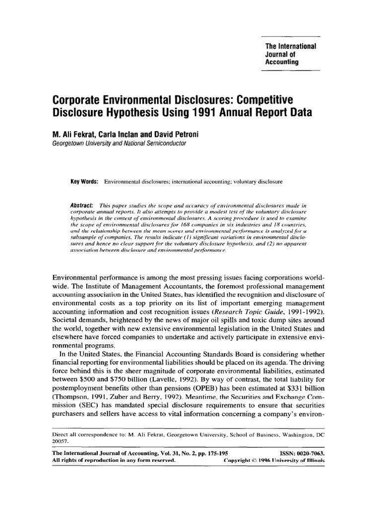 Corporate Disclosures: Competitive Disclosure Hypothesis Using 1991 ...