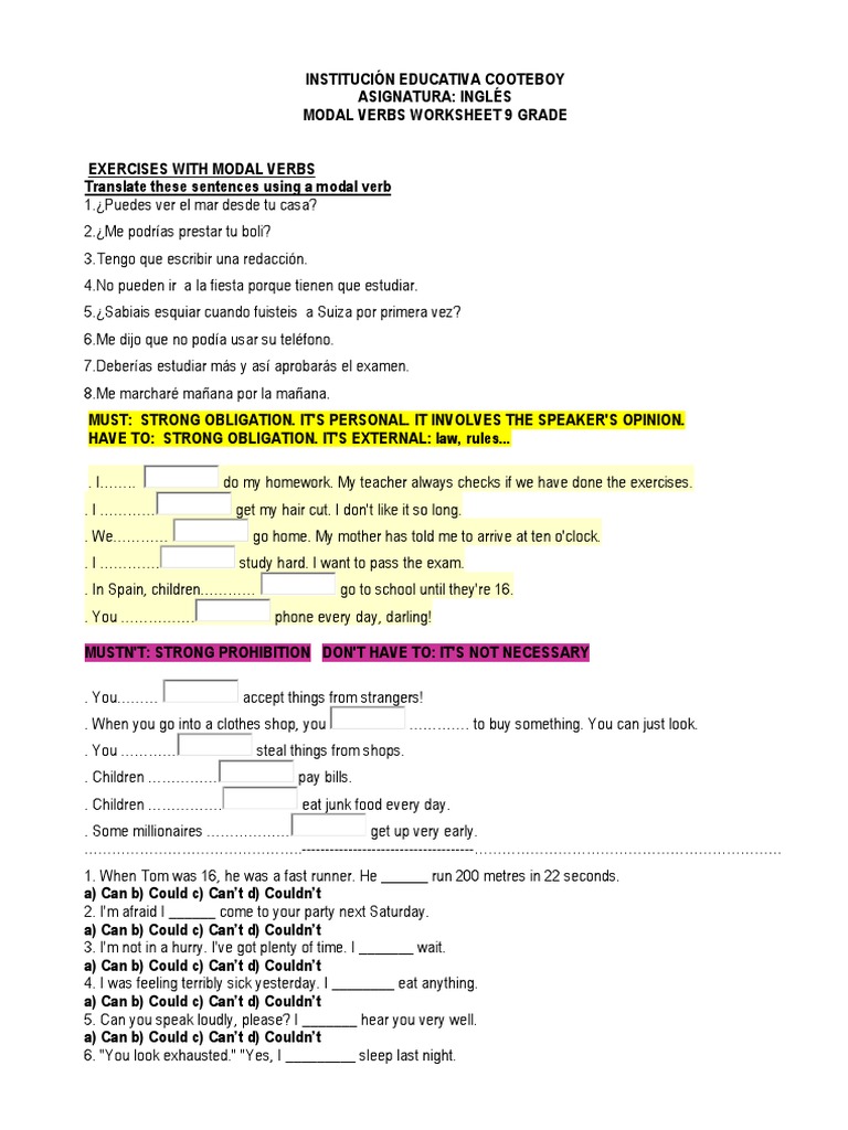Modal Verbs 9 Worksheet | PDF