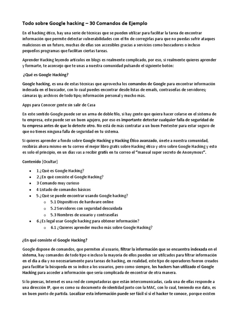 Google Hacking - 30 Comandos | PDF | Contraseña | Servidor (Computación)