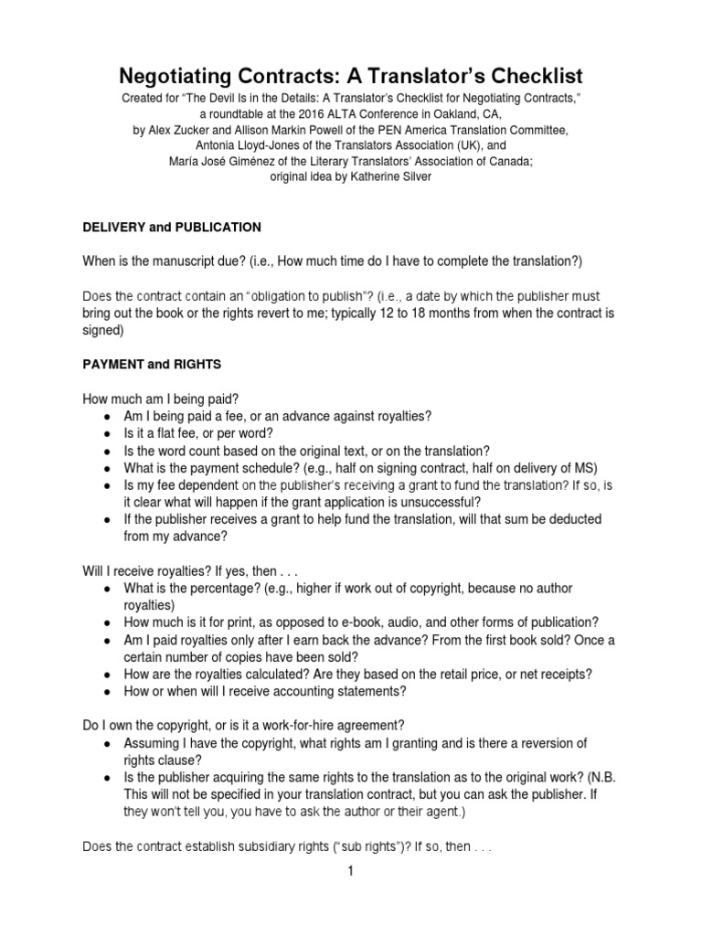 Negotiating Contracts: A Translator's Checklist: Delivery and ...