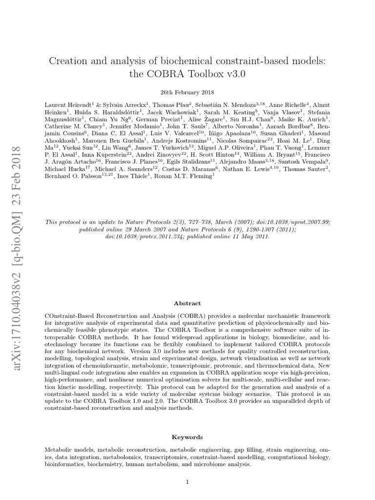 Creation and Analysis of Biochemical Constraint-Based Models The COBRA Toolbox v3.0 | PDF ...