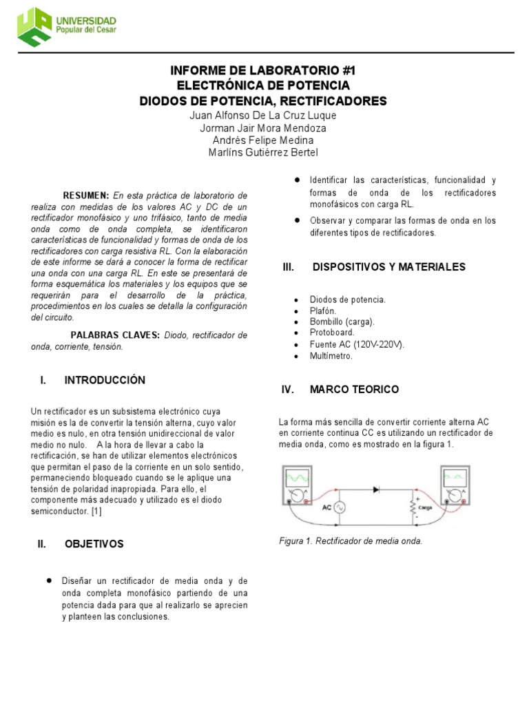 Informe Electronica de Potencia, Rectificadores | PDF | Rectificador | Diodo