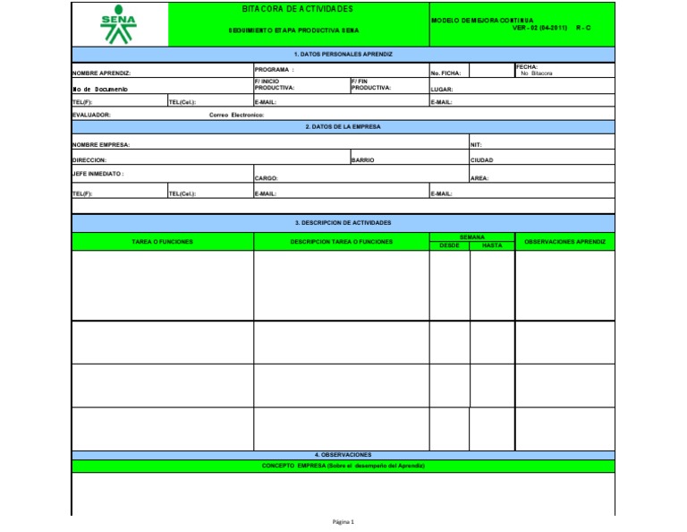 Modelo de Bitácora de Actividades SENA | PDF | Informática ...