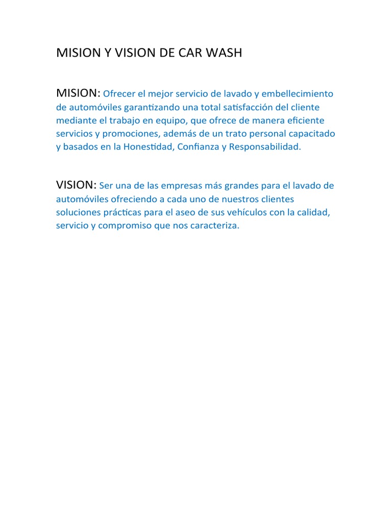 Misión y visión de lavado de autos - Car Wash | PDF
