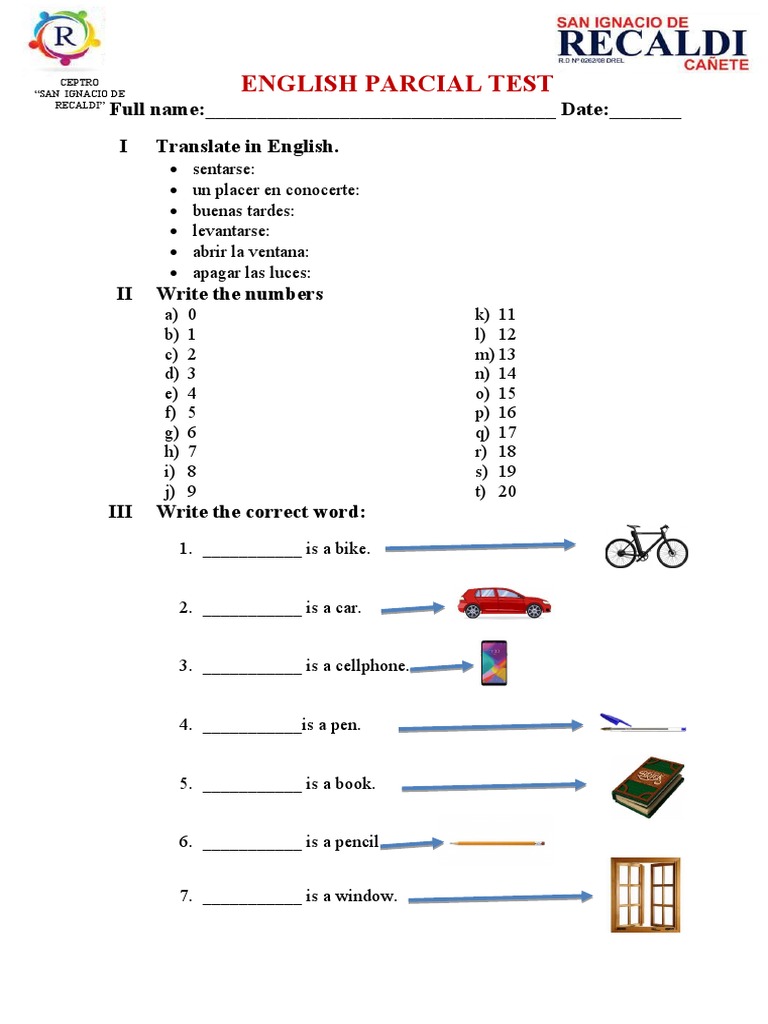 English Parcial Test: Full Name: - Date: - I Translate in English | PDF