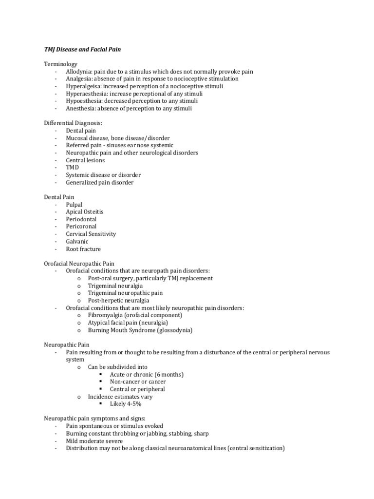Lecture 5 - Facial Pain and TMJ Disease | PDF | Pain | Symptoms And Signs