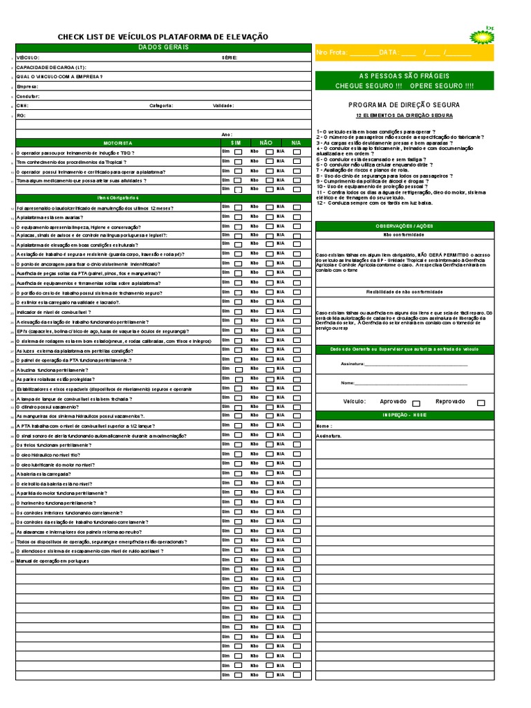 11 - Check List Plataforma de Elevação | Download grátis PDF | Natureza ...