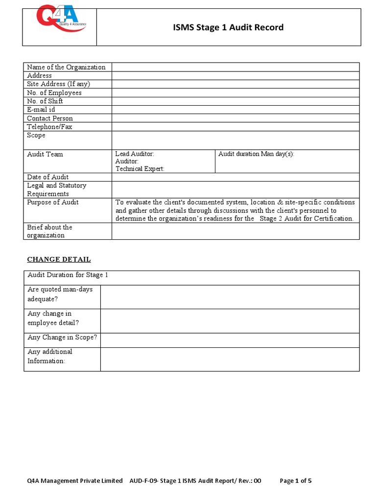 AUD-F-09 ISMS Stage 1 Audit Report | PDF | Audit | Information Security