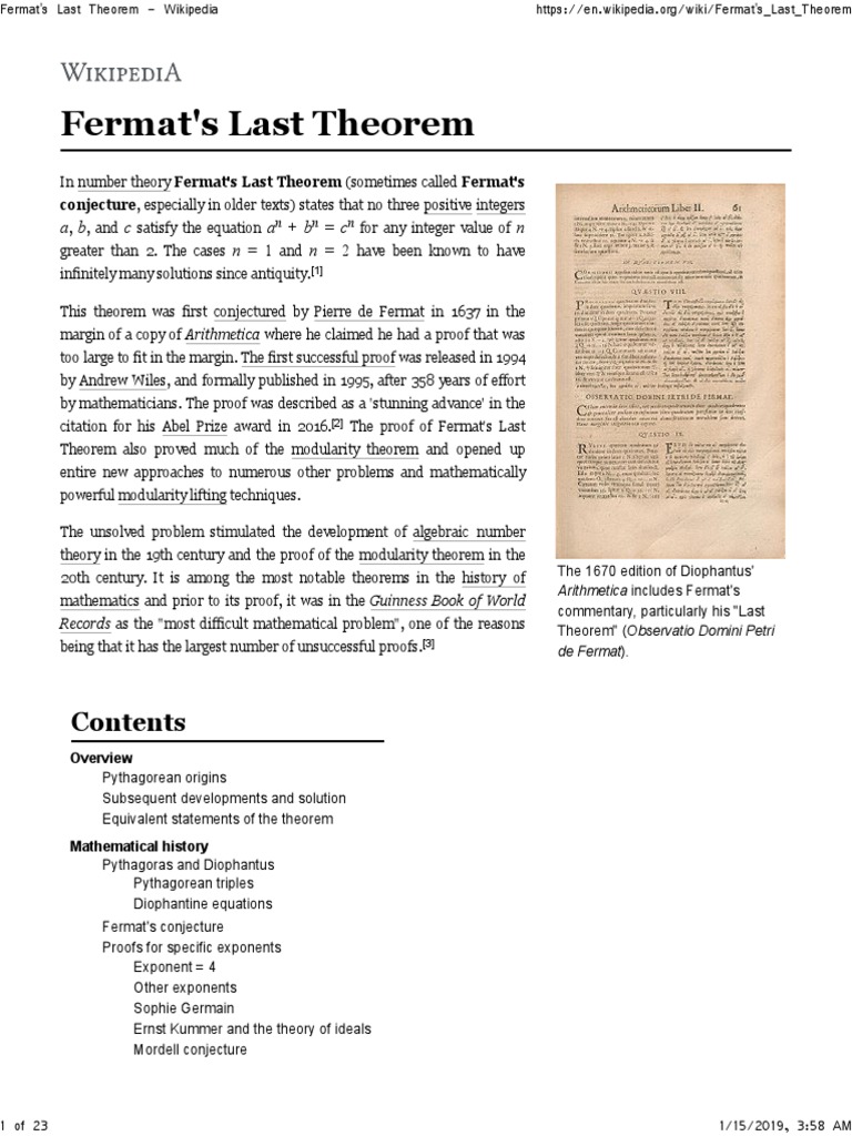 Fermat's Last Theorem | Download Free PDF | Fermat's Last Theorem ...