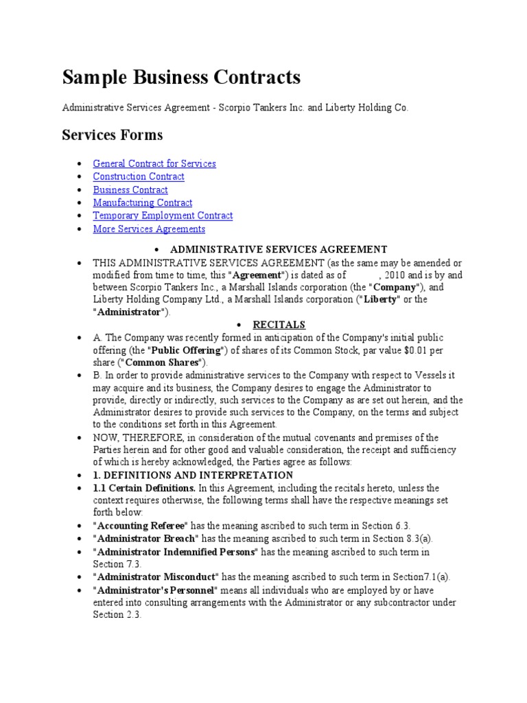 Administrative Services Agreement Sample | PDF | Indemnity | Bankruptcy