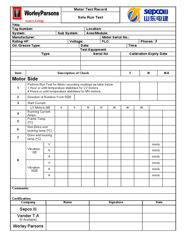 Motor Electric Test Record | PDF