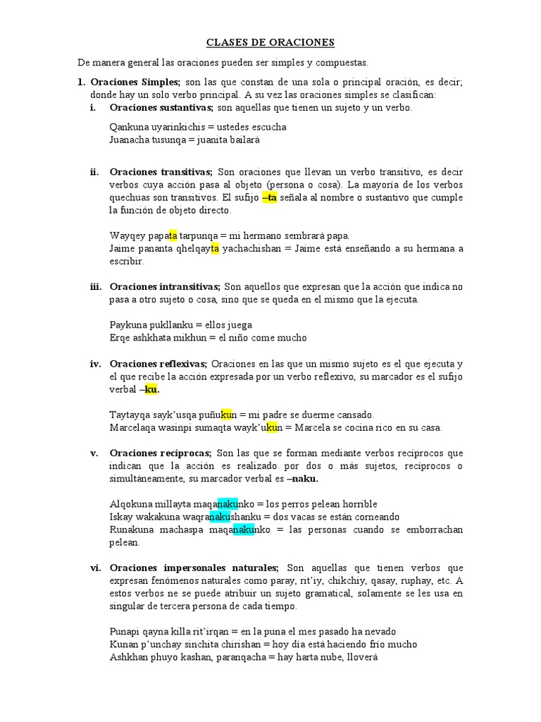 Oraciones en Quechua: Tipos y Ejemplos | PDF | Verbo | Asunto (gramática)