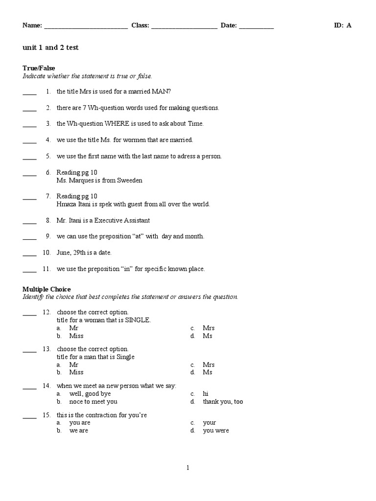 Unit 1 and 2 Test | PDF | Question | Human Communication