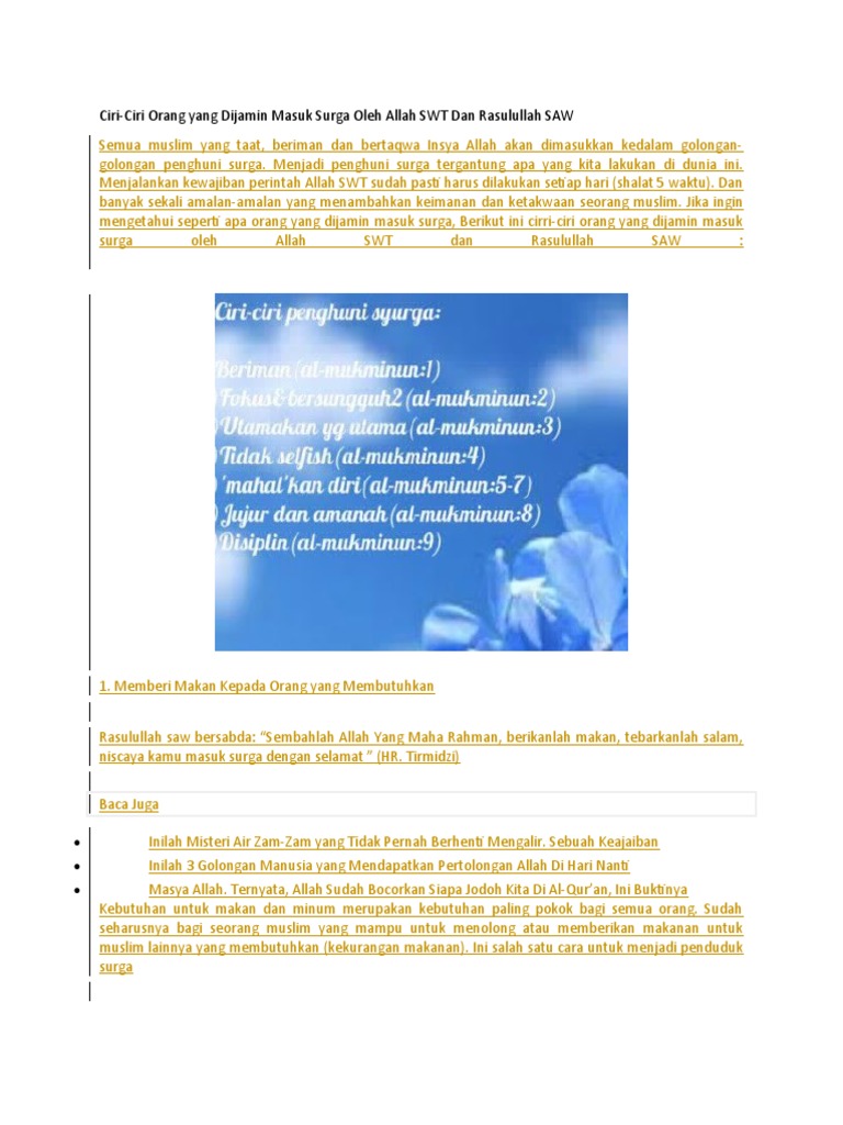 Ciri Orang Yang Dijamin Syurga Oleh Allah SWT | PDF