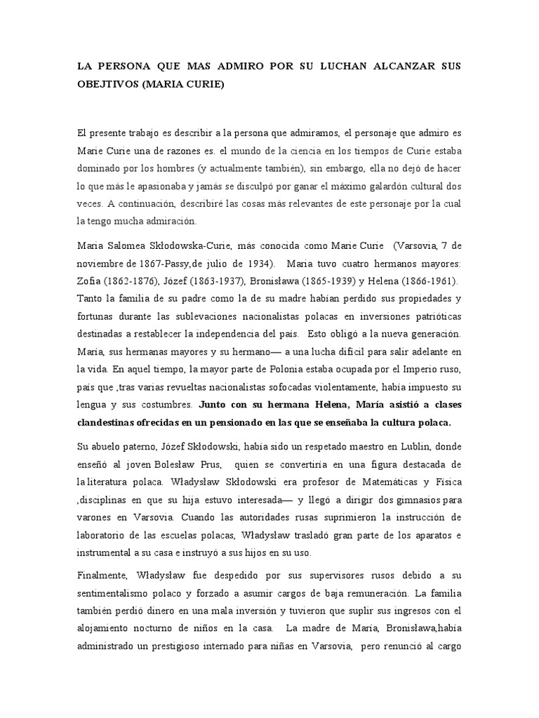 Marie Curie La Persona Que Mas Admiro | PDF | Marie Curie | Science