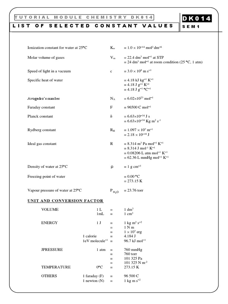Essential Chemistry Constants and Values | PDF | Chemical Elements ...