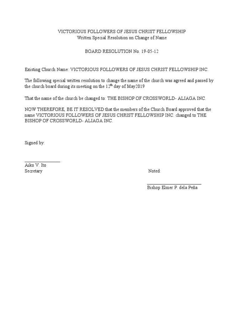 Board Resolution Changing Church Name Resolution Form | PDF