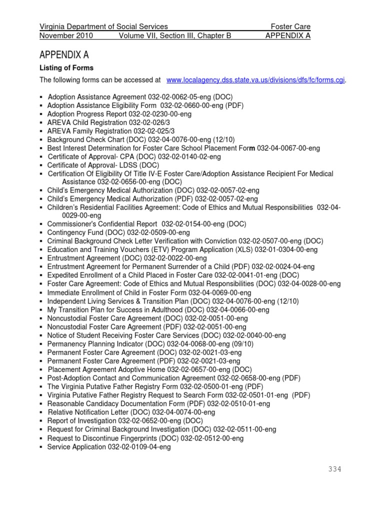 Virginia DSS Foster Care Forms List | PDF | Child Protective Services ...
