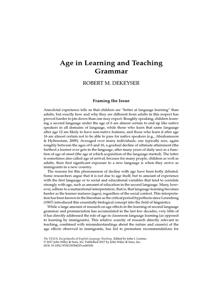Age in Learning and Teaching Grammar: Robert M. Dekeyser | PDF | Second ...