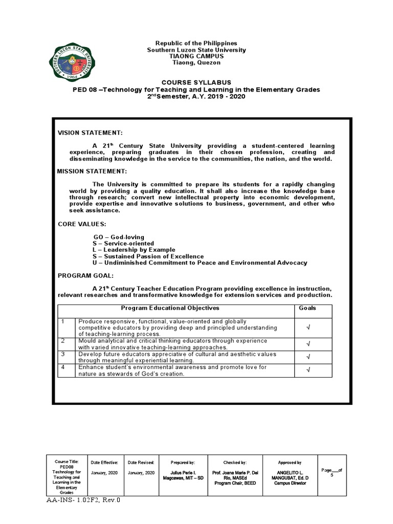 Course Syllabus PED 08 - Technology For Teaching and Learning in The ...