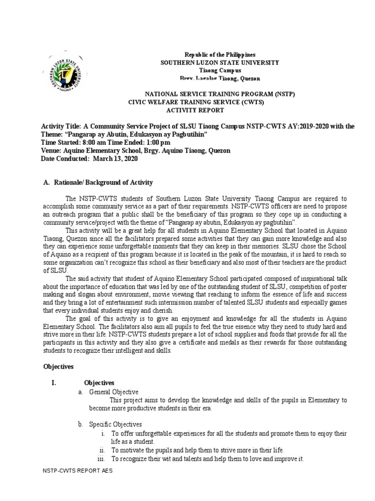 NSTP CWTS Activity Report in Aes | PDF | Teachers | Psychological Concepts