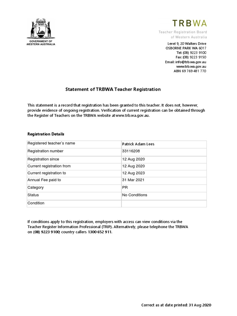 Teacher Registration Details | PDF