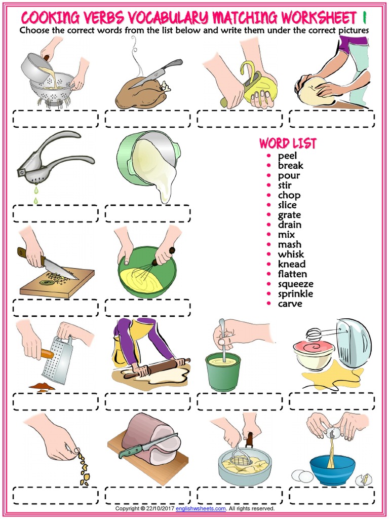 Cooking Verbs Vocabulary Esl Matching Exercise Worksheets For Kids PDF ...
