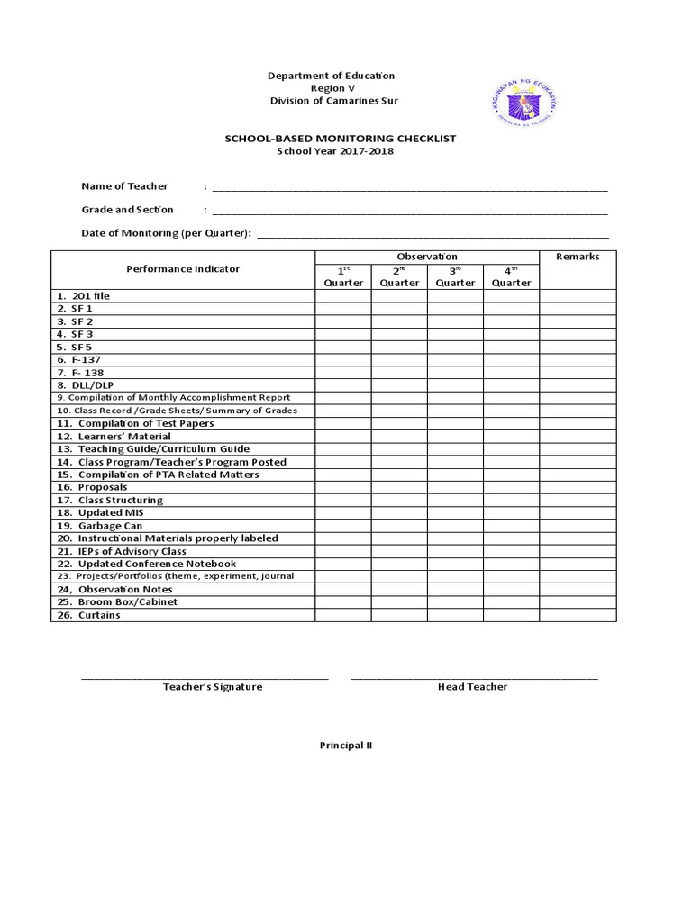 School-Based Monitoring Checklist | PDF | Business | Finance & Money ...