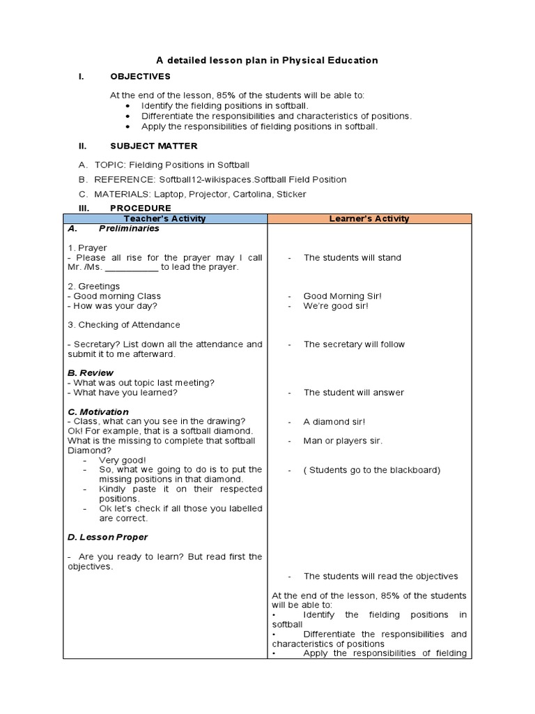 A Detailed Lesson Plan in Physical Education: I. Objectives | PDF ...