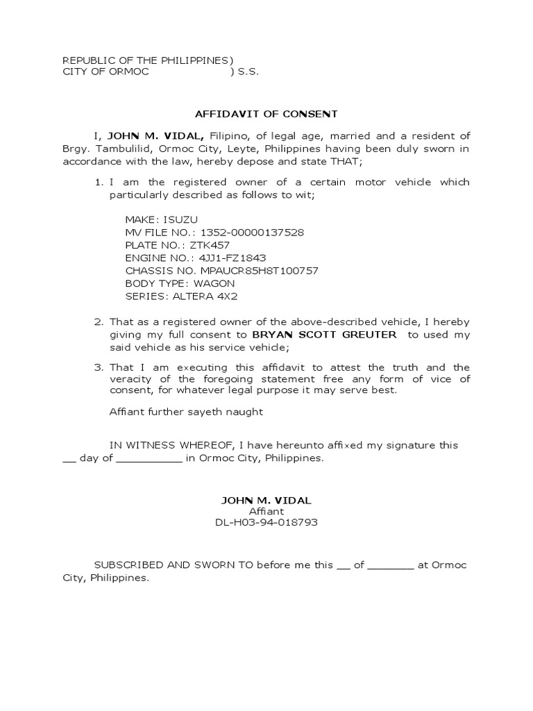 Affidavit of Consent for Vehicle Use | PDF | Law