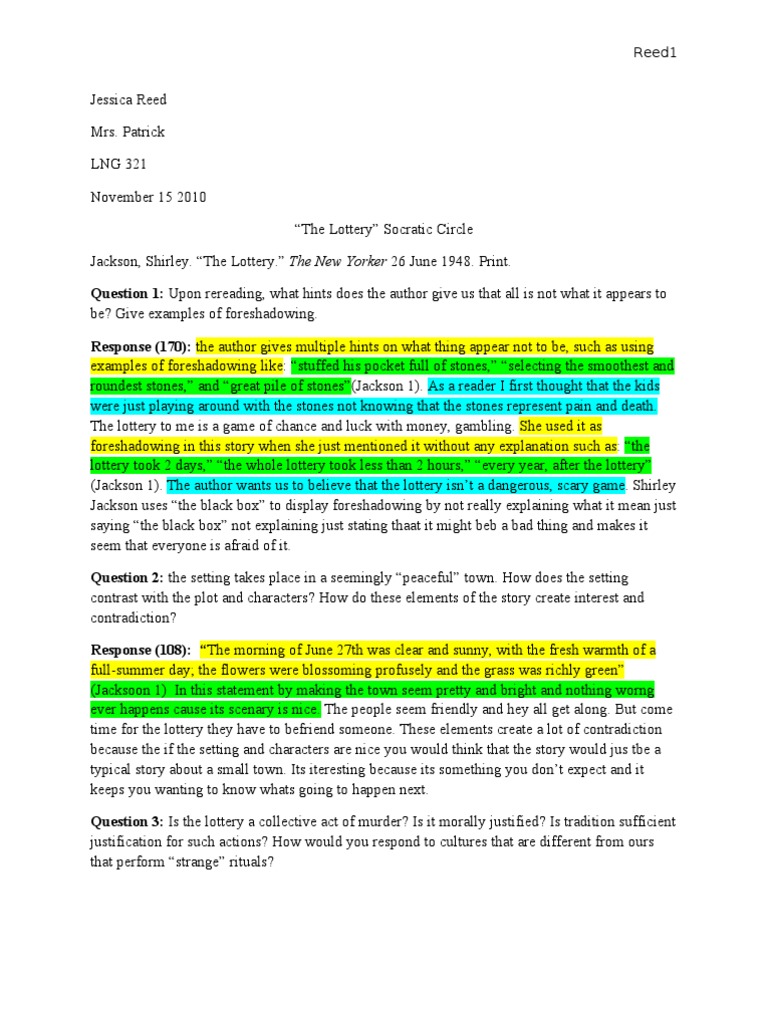 The Lottery Socratic Circle Questions | PDF