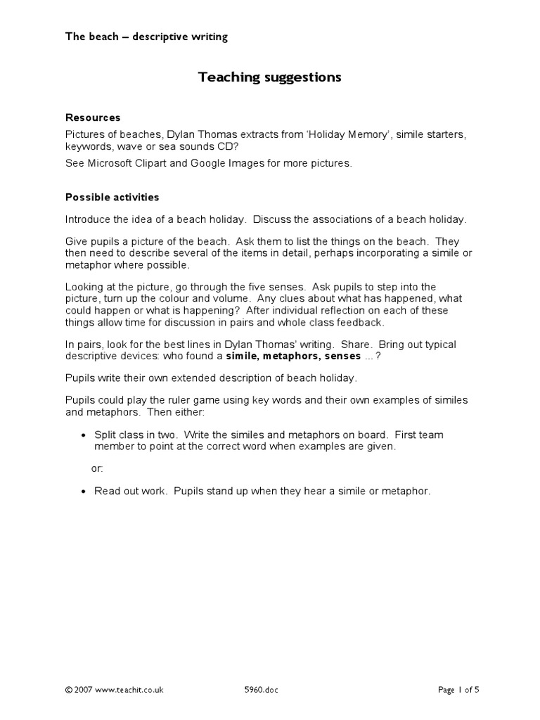 Teaching Suggestions: The Beach - Descriptive Writing | PDF | Metaphor