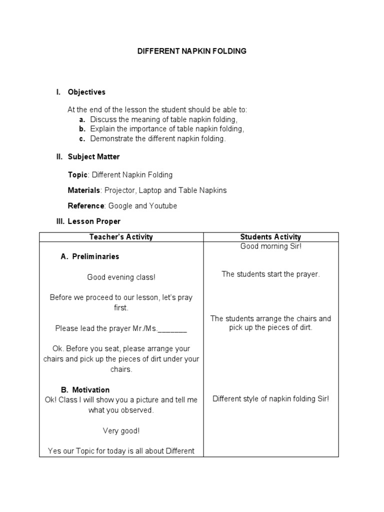 Lesson Plan in Napkin Folding | PDF | Cognition | Epistemology