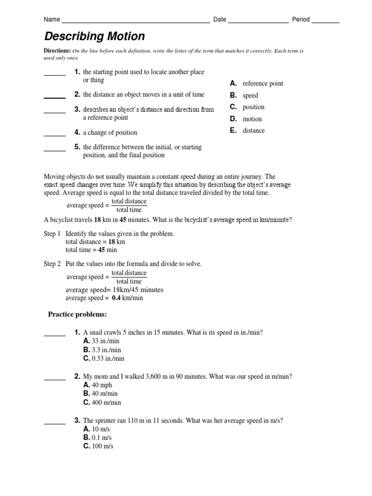 Describing Motion - Worksheet PDF | PDF | Speed | Distance
