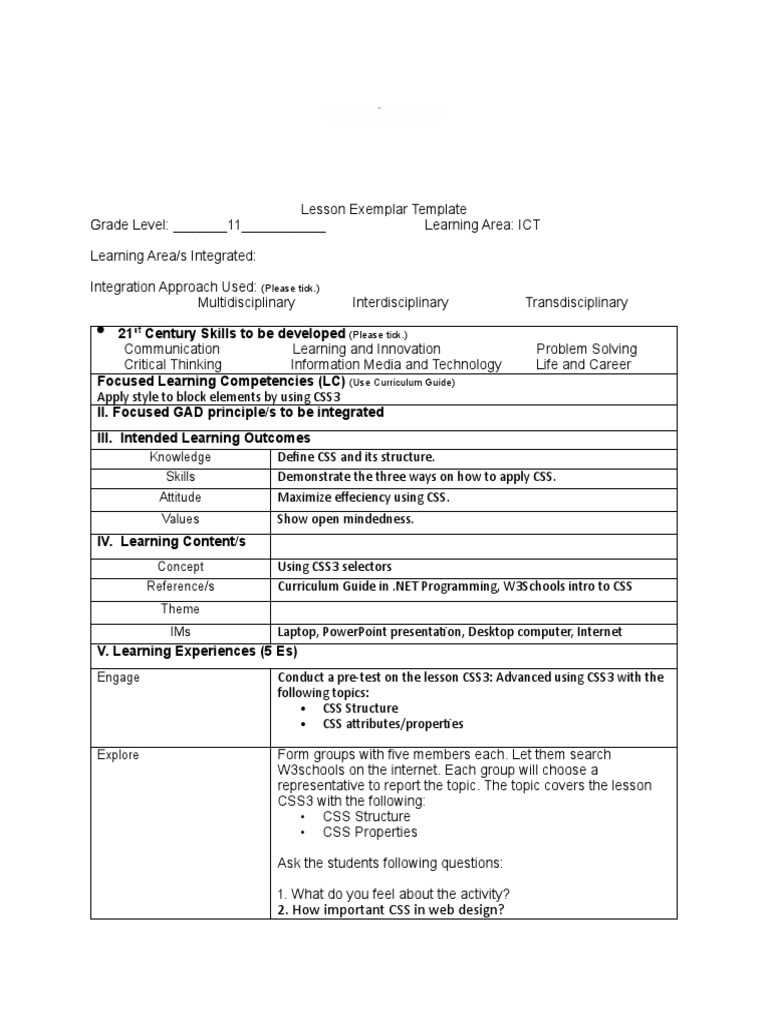 Lesson Exemplar Blank Template | PDF | Cascading Style Sheets | Learning