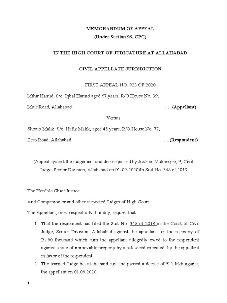 Memorandum of Appeal (Under Section 96, CPC) | PDF | Judgment (Law) | Lawsuit