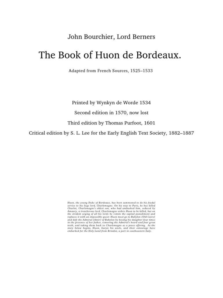 The Book of Huon de Bordeaux.: John Bourchier, Lord Berners | PDF | Thou