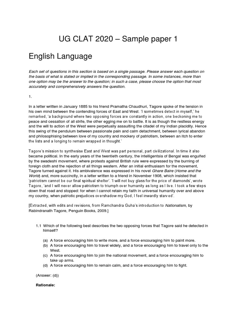 UG CLAT 2020 - Sample Paper 1 | PDF | Perception | East India Company