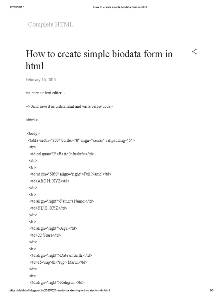 1 How To Create Simple Biodata Form in HTML PDF | PDF | Cyberspace ...