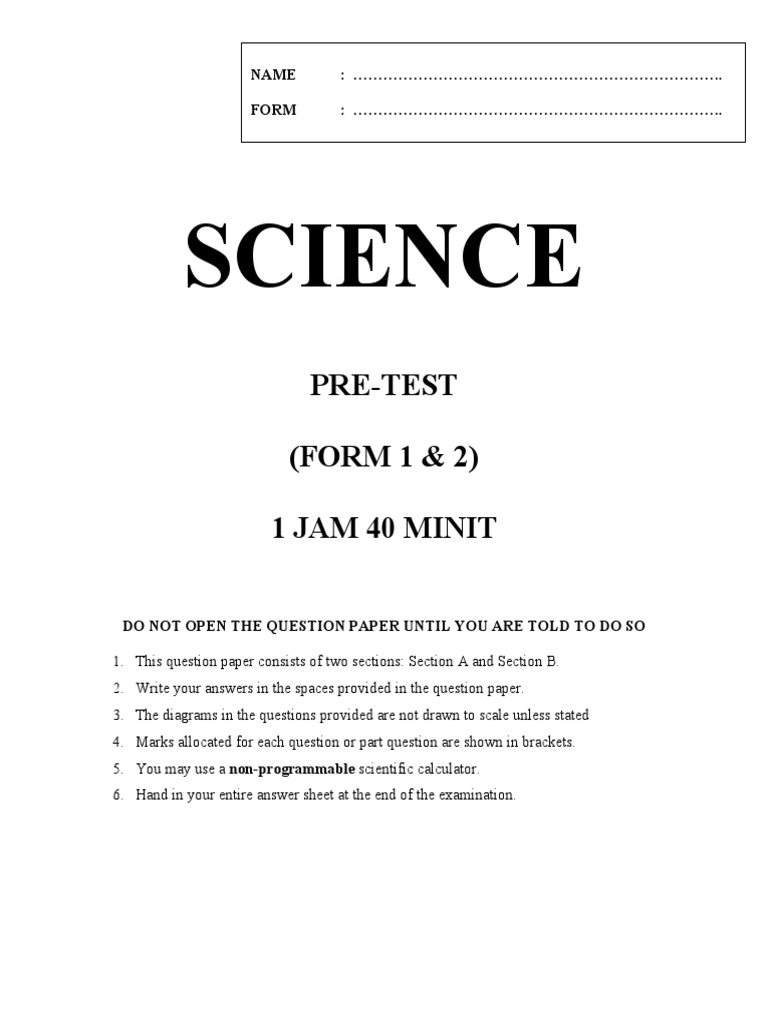 Science: Pre-Test (FORM 1 & 2) 1 Jam 40 Minit | PDF | Weight | Gases
