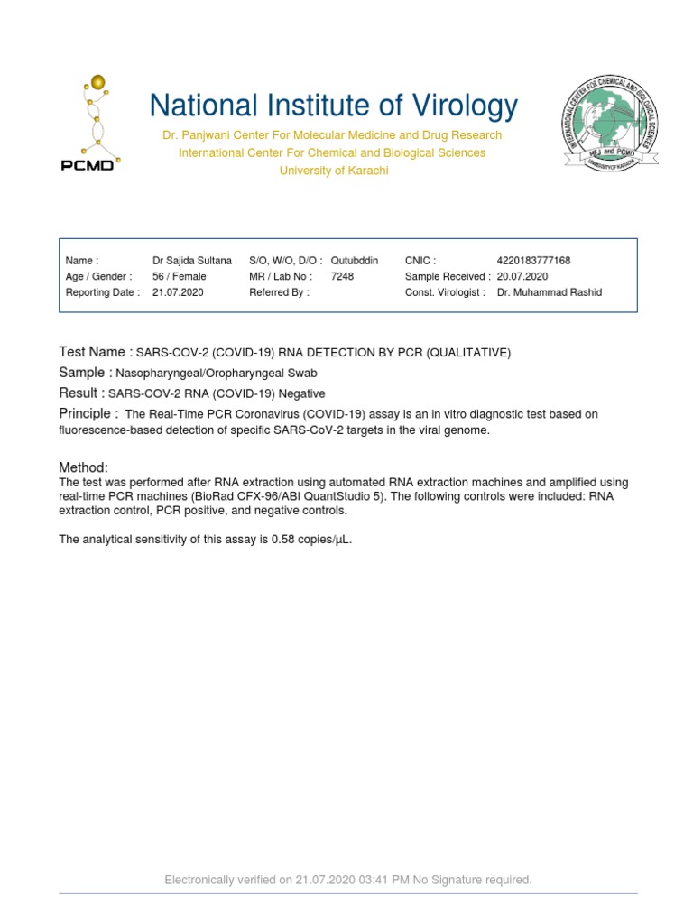 COVID-19 PCR Test Result Report | PDF
