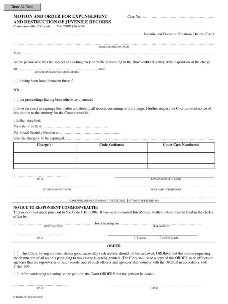 Motion and Order For Expungement and Destruction of Juvenile Records ...
