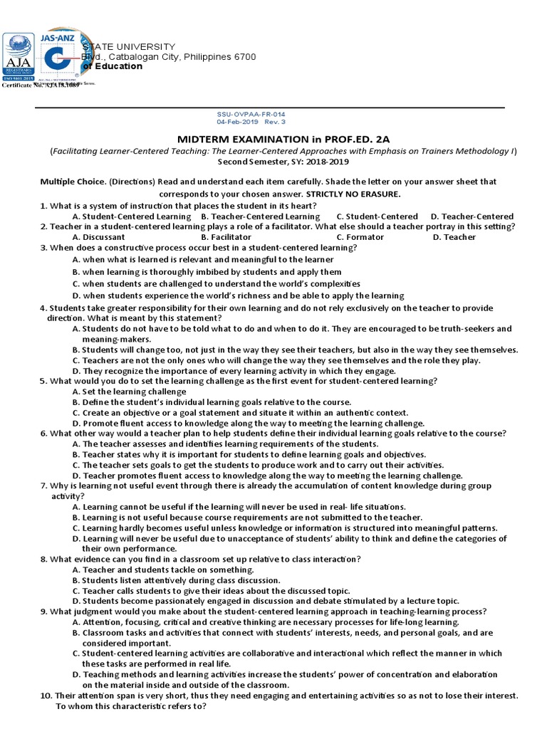 Midterm Exam in Prof Ed 2A | PDF | Metacognition | Learning
