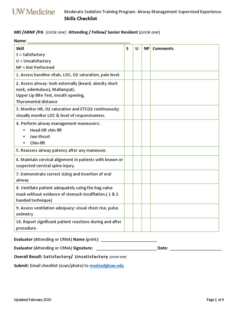 Moderate Sedation Training Program Airway Management Skills Checklist ...