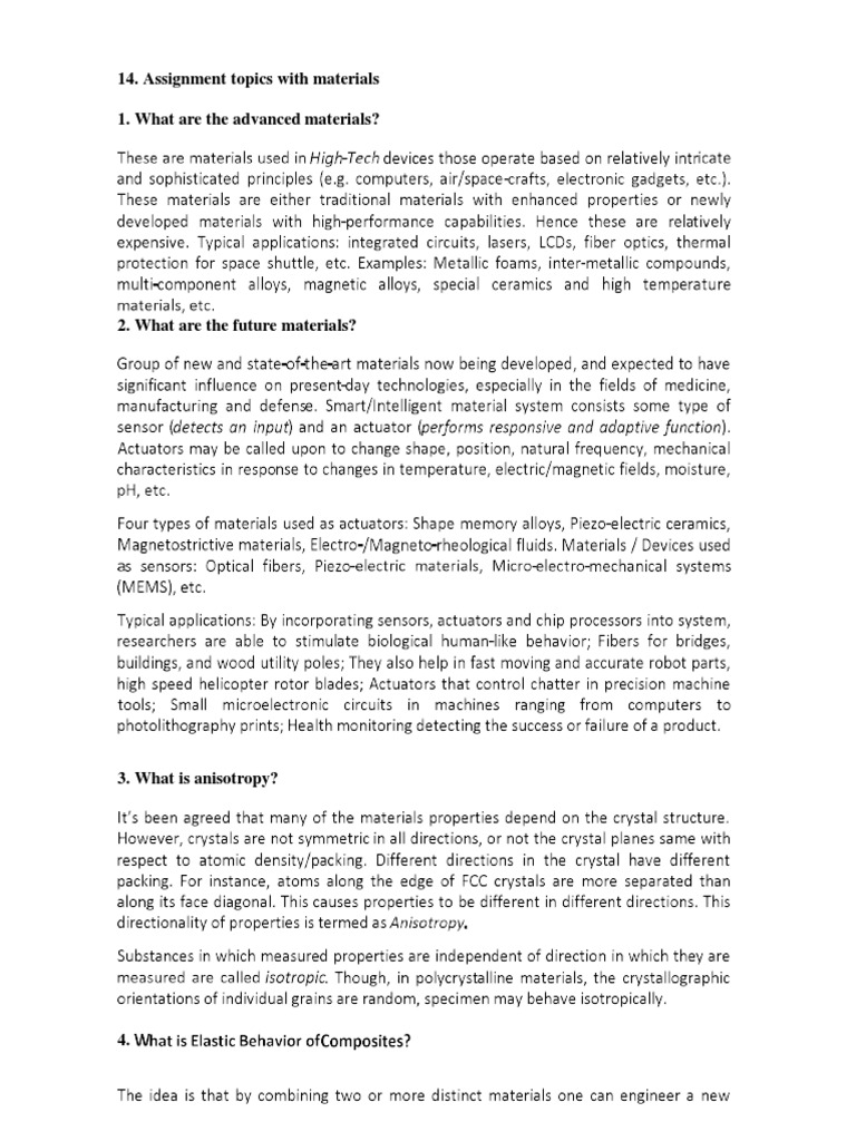 Assignment Topics With Materials 1. What Are The Advanced Materials ...