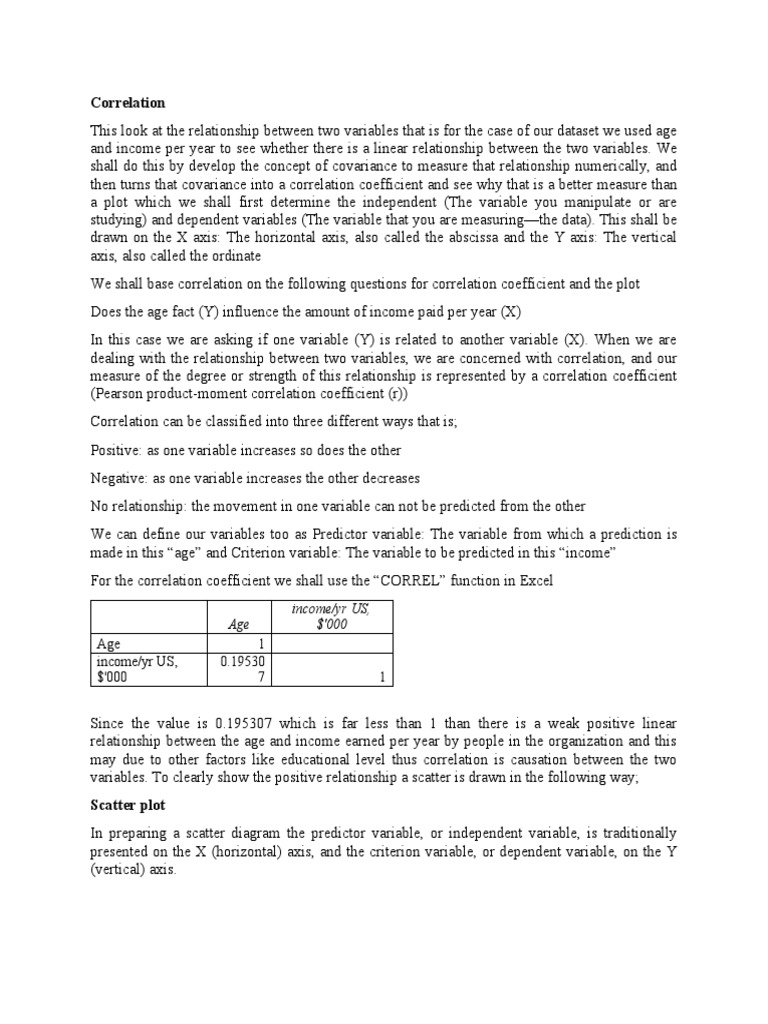 Correlation: Age 1 Income/yr US, $'000 0.19530 7 1 | PDF | Correlation And Dependence ...
