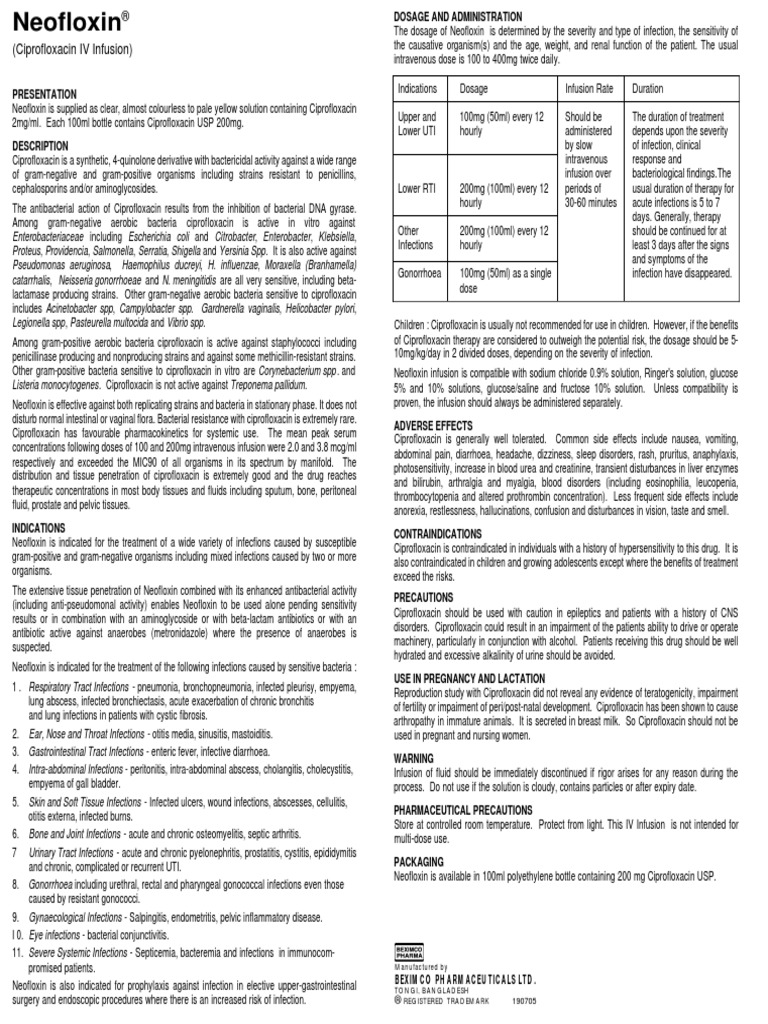 Neofloxin: (Ciprofloxacin IV Infusion) | PDF | Gram Negative Bacteria ...