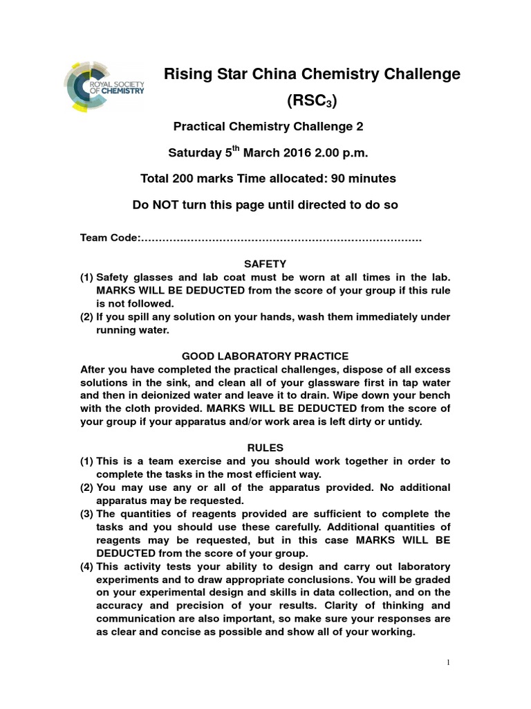 RSC3 Practical Challenge 2 2016student Sheet Final | PDF | Laboratories ...