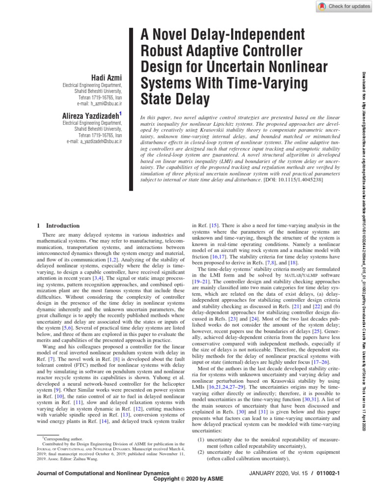 A Novel Delay-Independent Robust Adaptive Controller Design For Uncertain Nonlinear Systems With ...