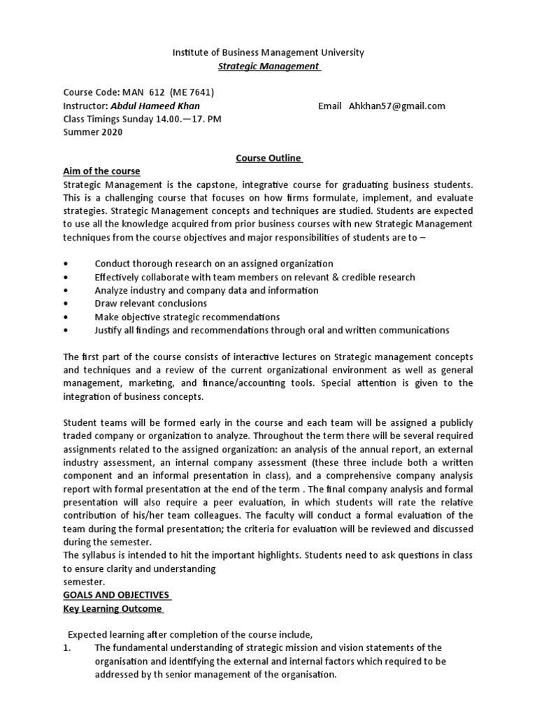 Strategic Management Course Outline: MAN 612 | PDF | Strategic ...